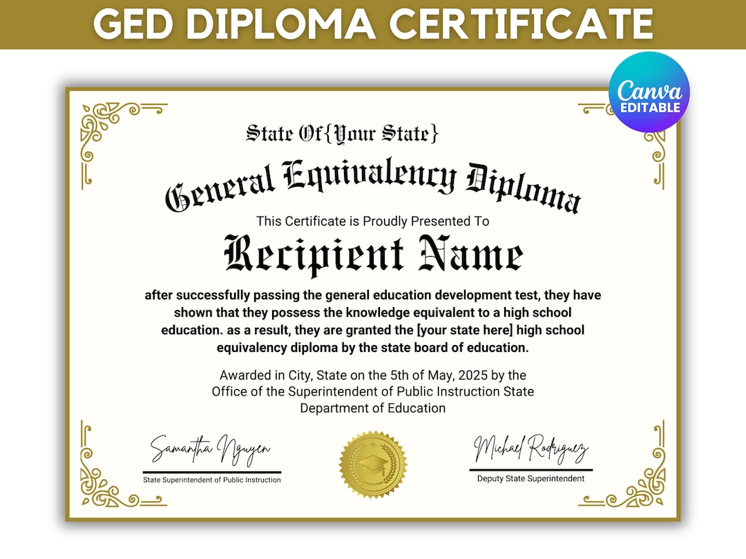 Printable GED Diploma Template, High School Diploma, School Equivalency ...