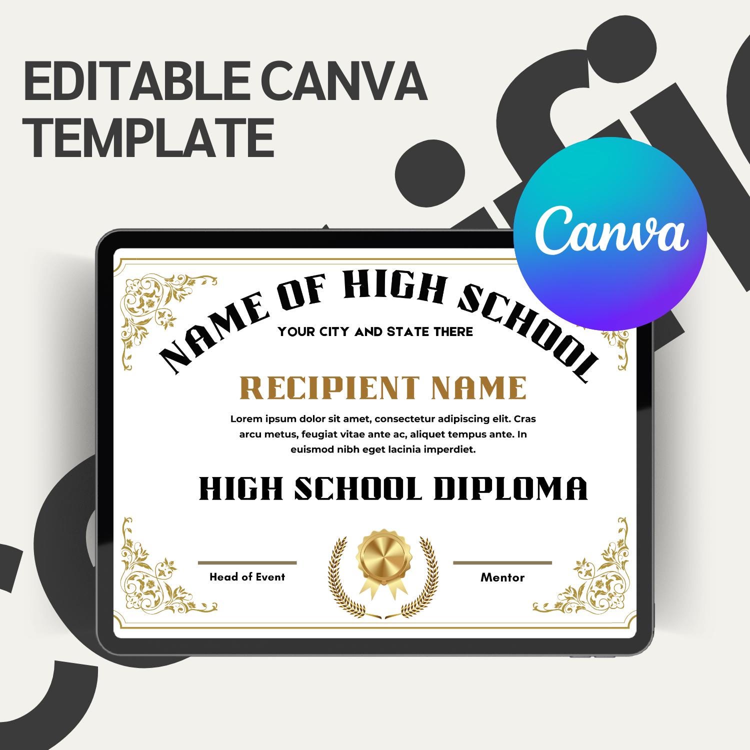 Printable High School Diploma, School Equivalency Diploma, Graduation ...
