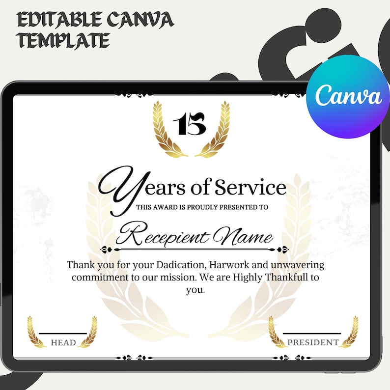 Editable Years of Service Award Certificate, Employee Work, Anniversary Award, Certificate of ...