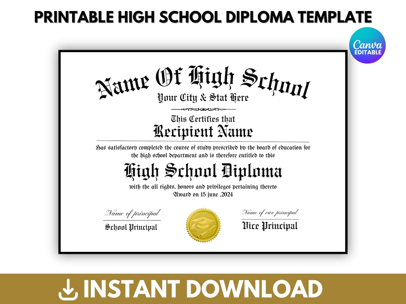 Editable High School Diploma Template, Homeschool Diploma Template ...
