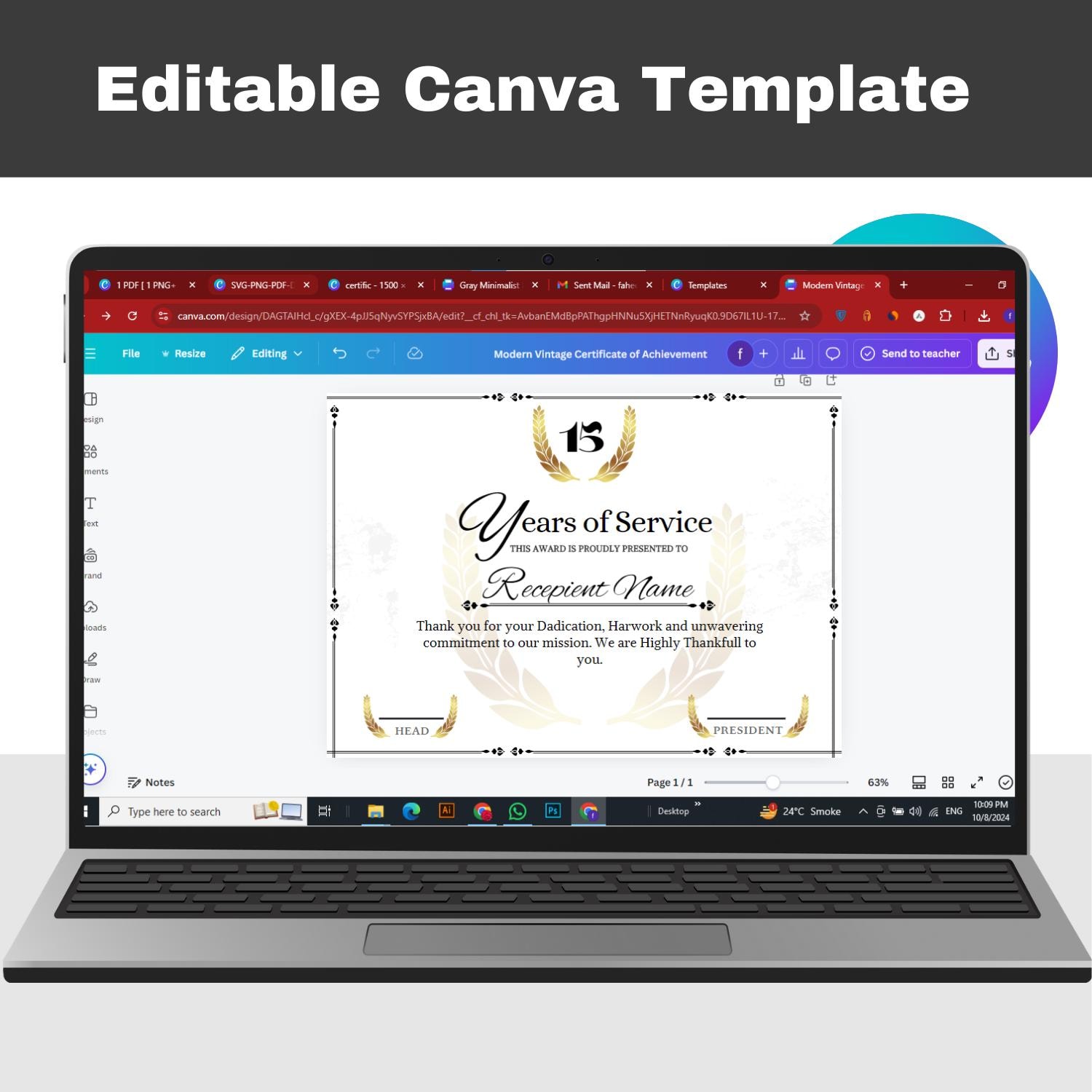 Editable Years of Service Award Certificate, Employee Work, Anniversary ...