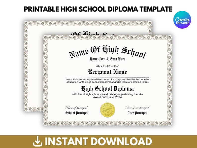 Printable High School Diploma Template, High School Diploma, School ...