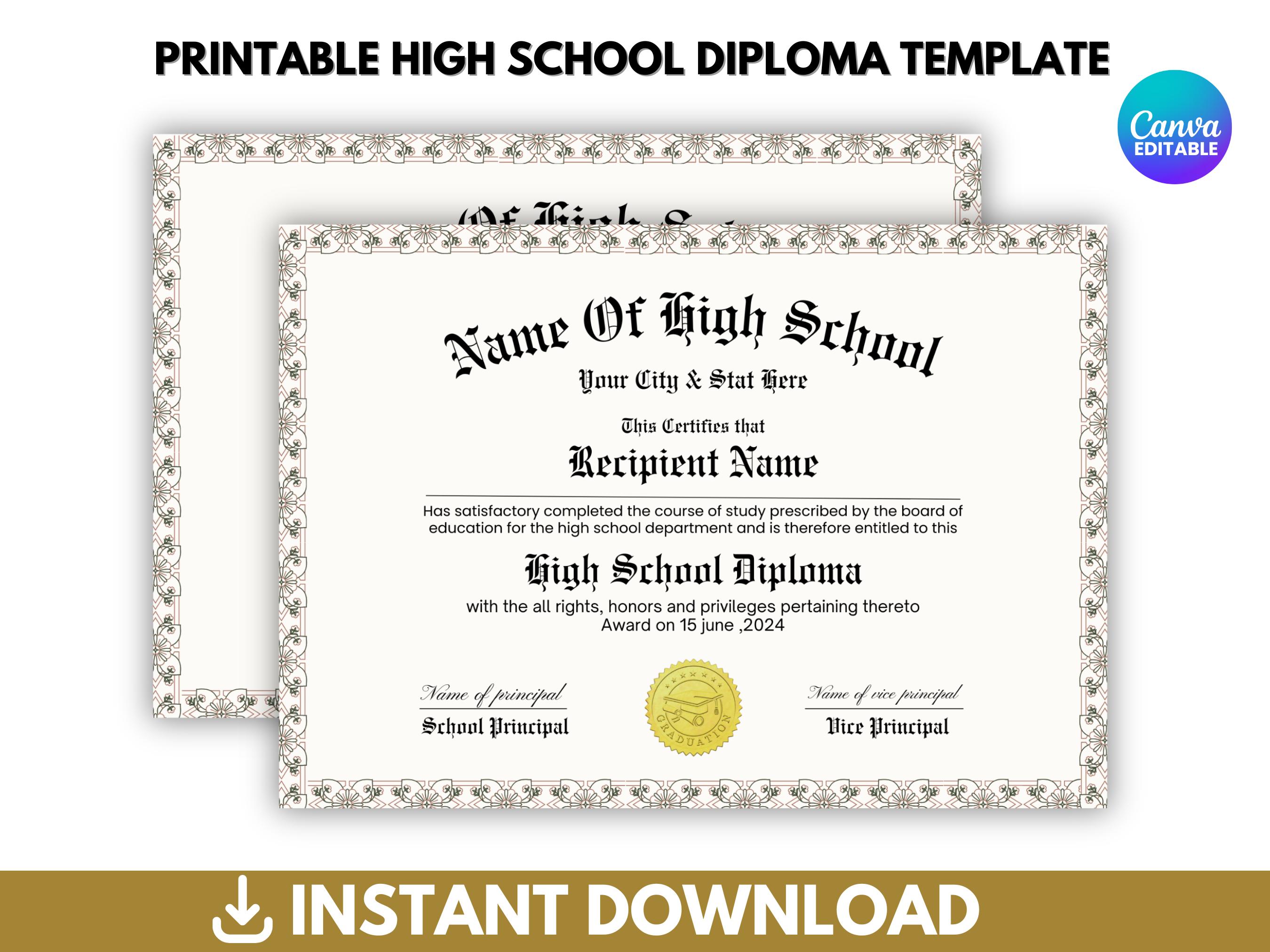 Printable High School Diploma Template, High School Diploma, School ...