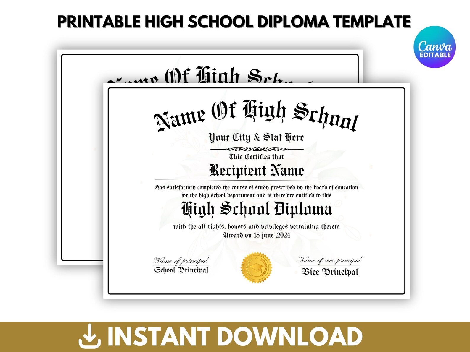 Printable/editable High School Diploma Template, Homeschool Diploma ...