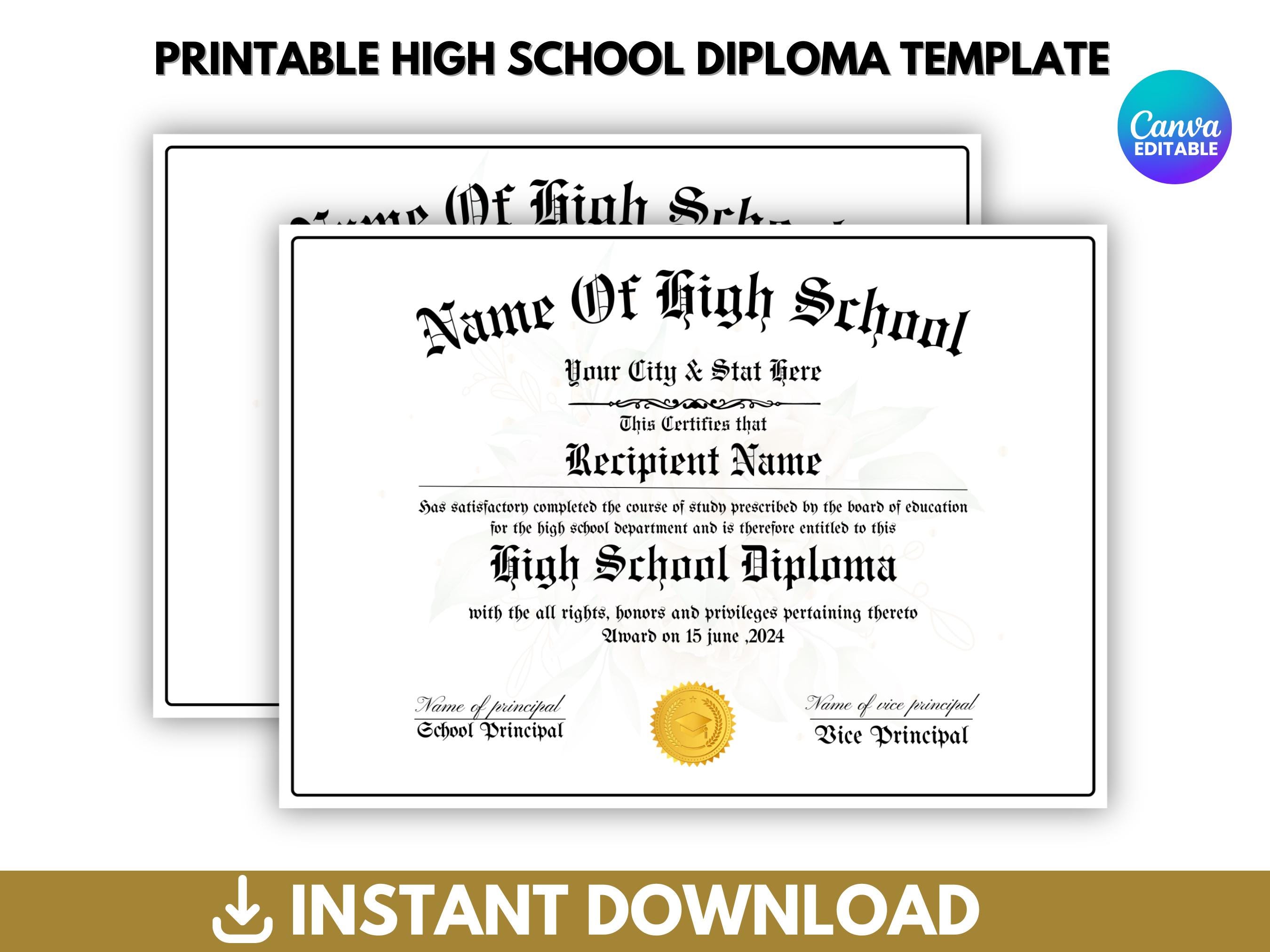 Printable/editable High School Diploma Template, Homeschool Diploma ...