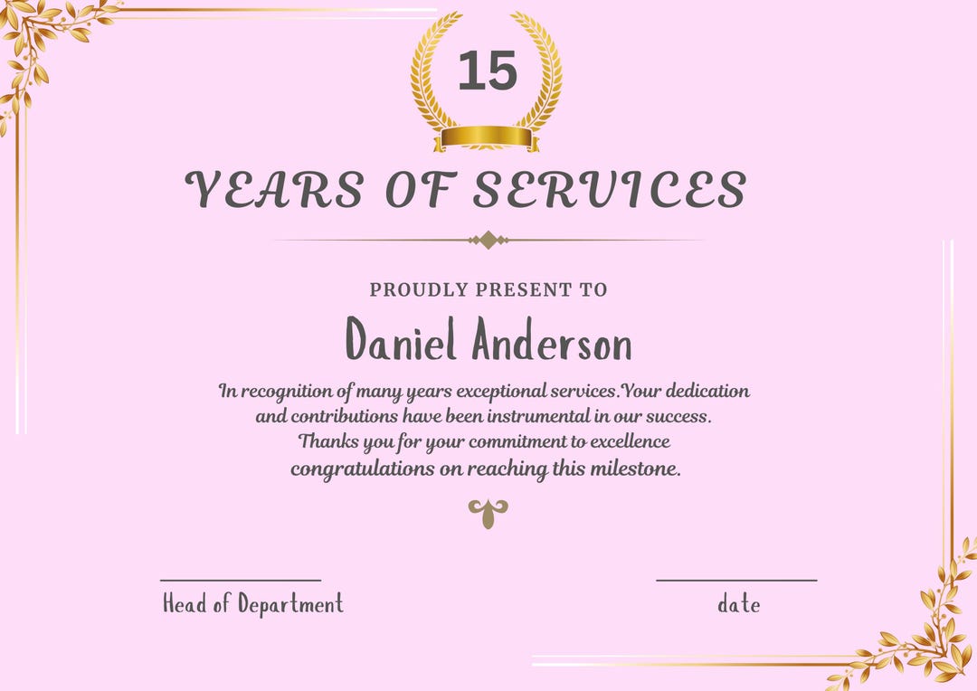 Editable 15 Years of Service Anniversary Award, Certificate of ...