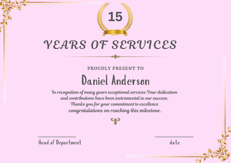 Editable 15 Years of Service Anniversary Award, Certificate of ...