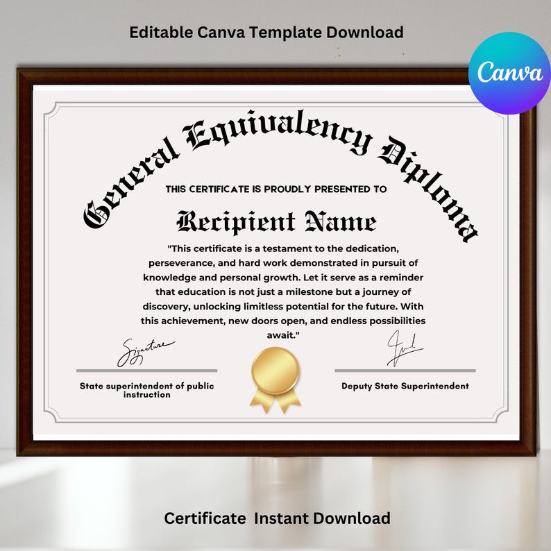 Printable GED Diploma Template, High School Diploma, School Equivalency ...