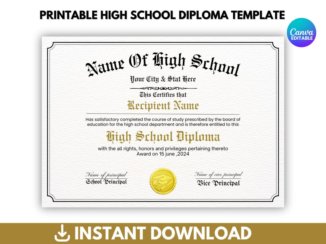 Printable High School Diploma Template, Homeschool Diploma Template ...