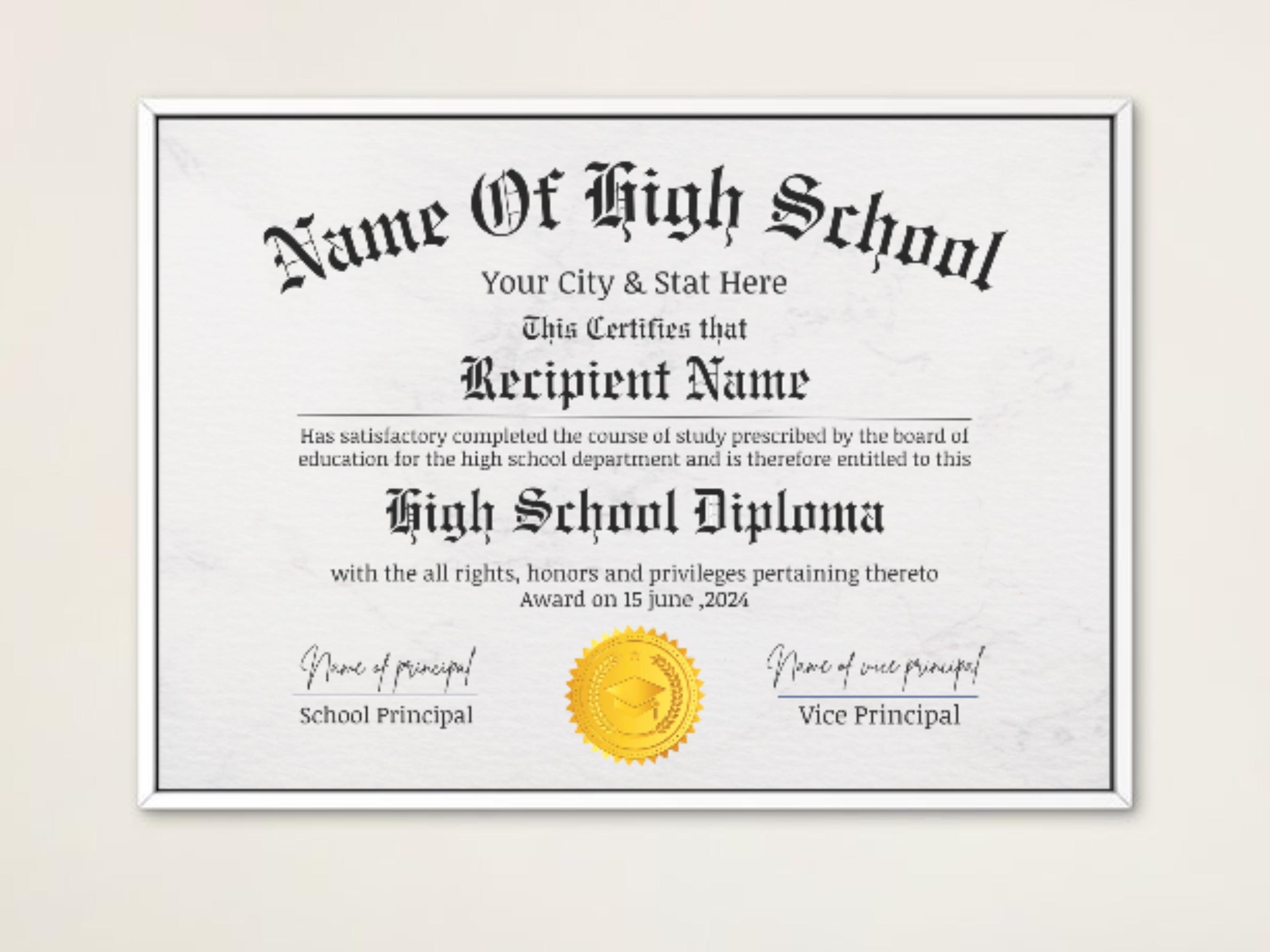Printable GED Diploma Template, High School Diploma, School Equivalency ...