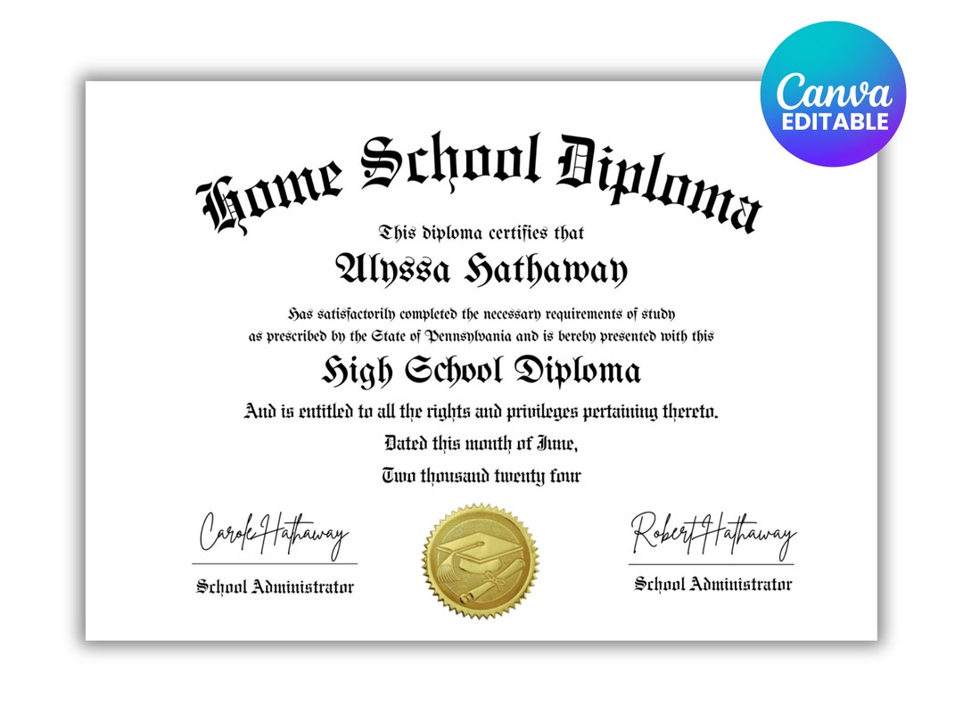 Printable Home School Diploma Template, High School Graduation Diploma ...