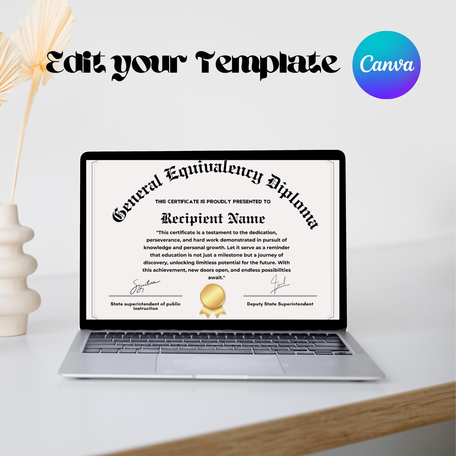 Printable GED Diploma Template, High School Diploma, School Equivalency ...