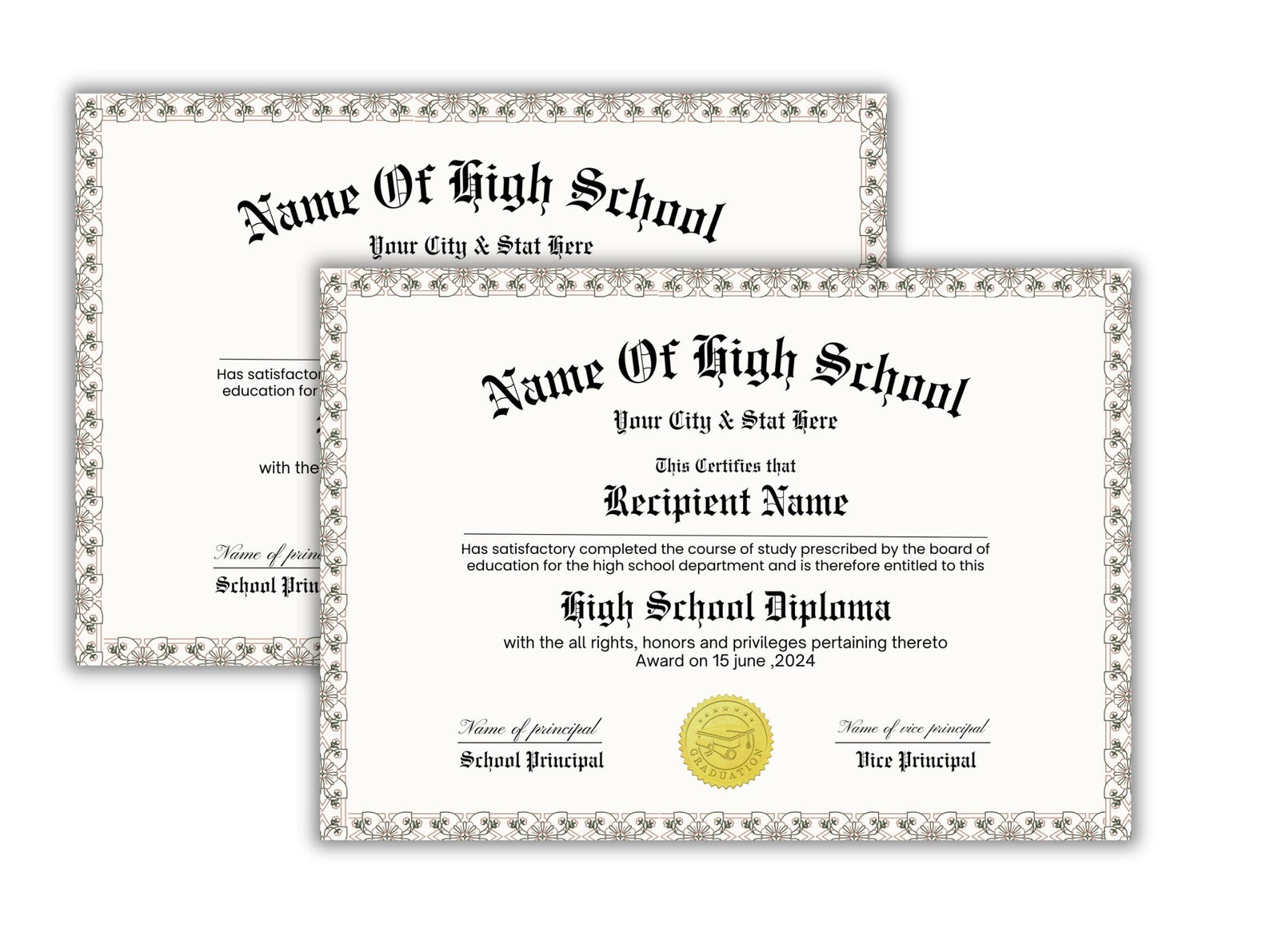 Printable High School Diploma Template, High School Diploma, School ...