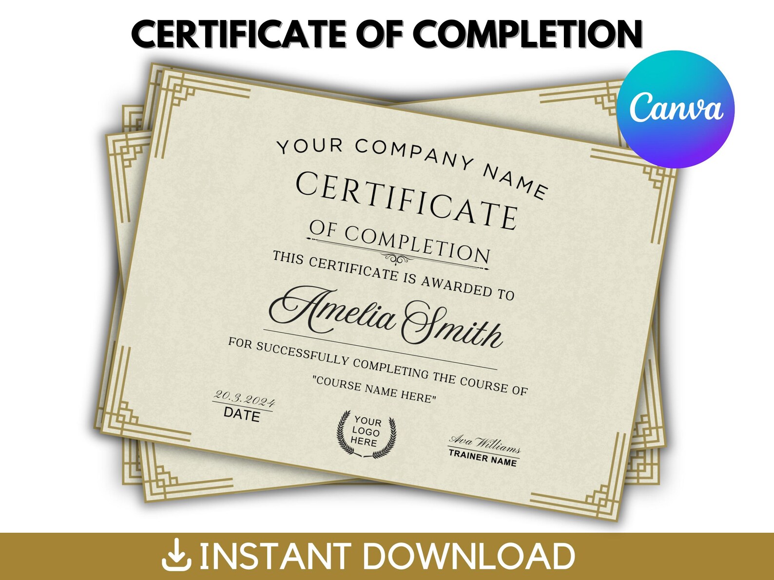 Editable Certificate of Completion, Printable Course Certificate of ...