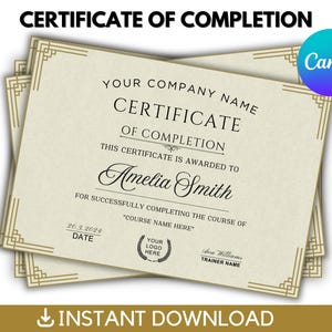 Editable Certificate of Completion, Printable Course Certificate of ...