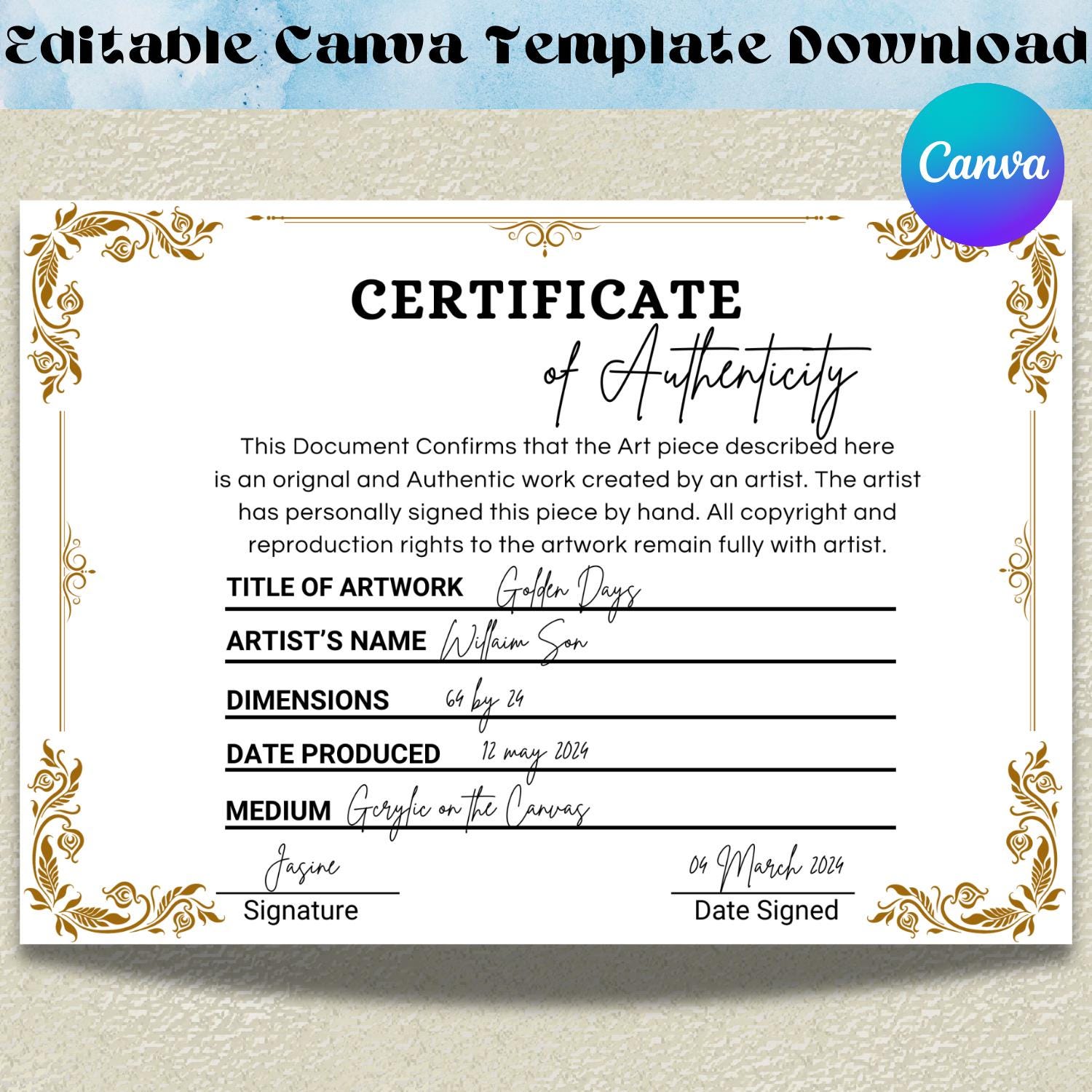 Editable Certificate of Authenticity for Art Work Template, Printable ...