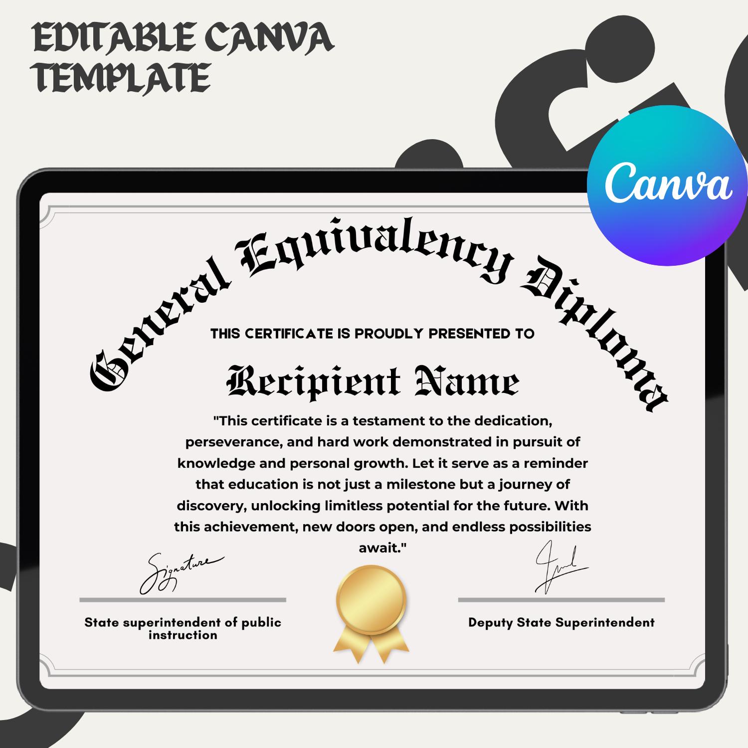 Printable GED Diploma Template, High School Diploma, School Equivalency ...