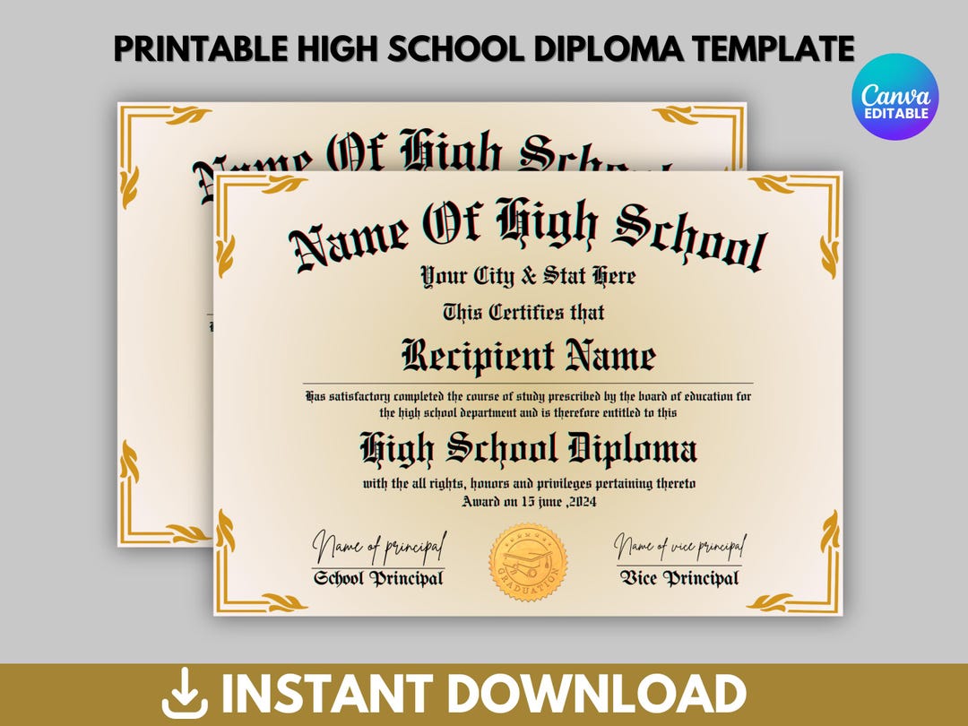 Printable High School Diploma Template, Homeschool Diploma Template ...