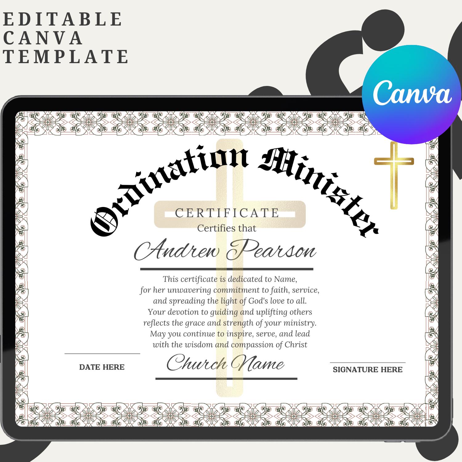 Editable Ordination Minister Certificate Template, Printable Ordained ...