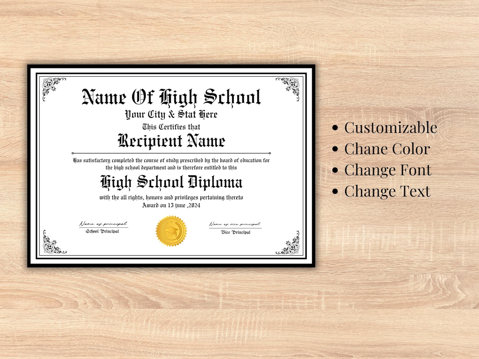 Editable High School Diploma Template, Homeschool Diploma Template ...