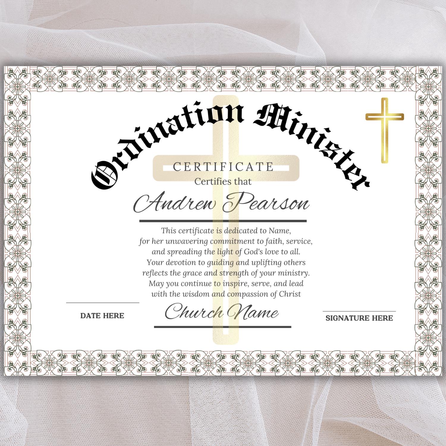 Editable Ordination Minister Certificate Template, Printable Ordained ...