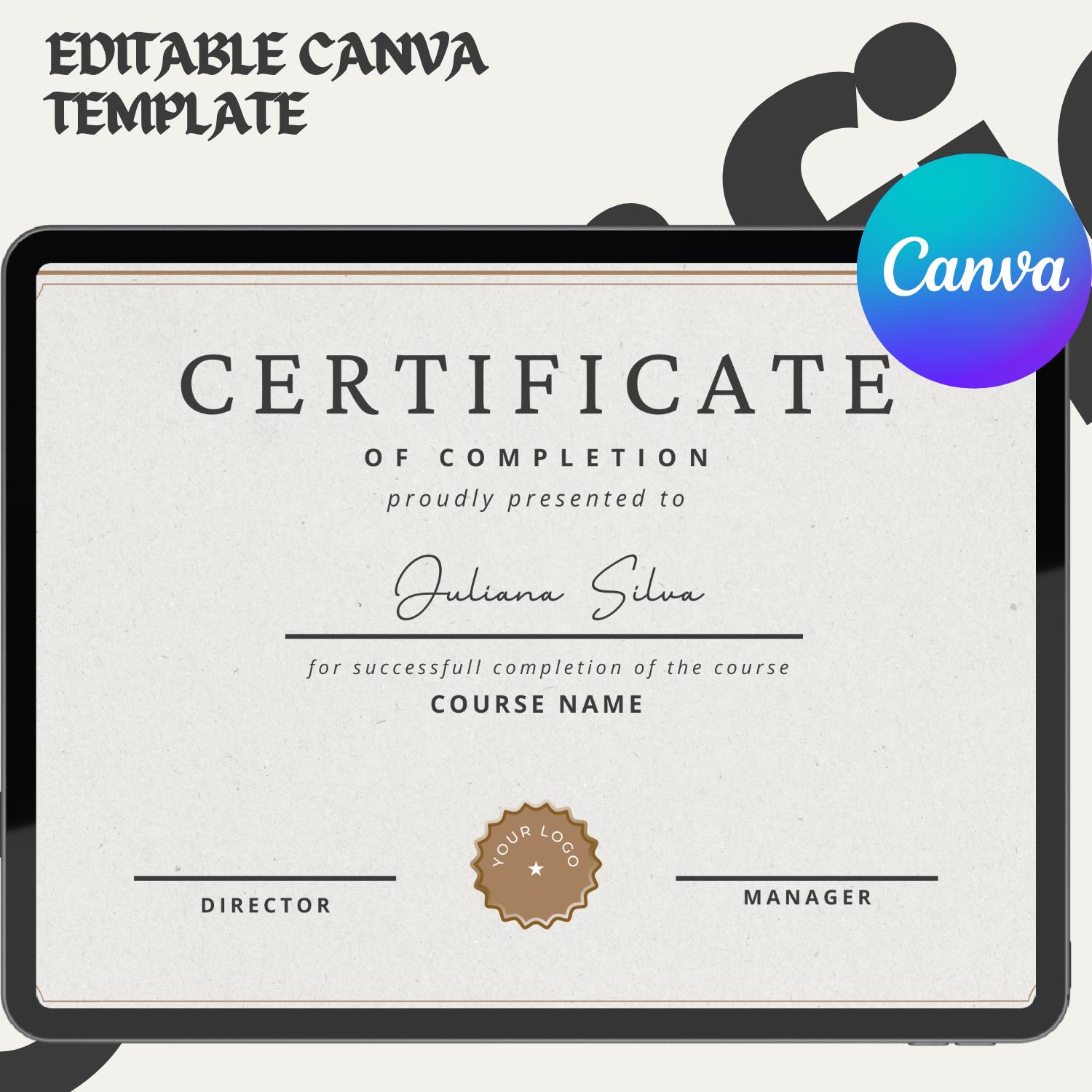 Editable Certificate of Completion, Printable Course Certificate of ...