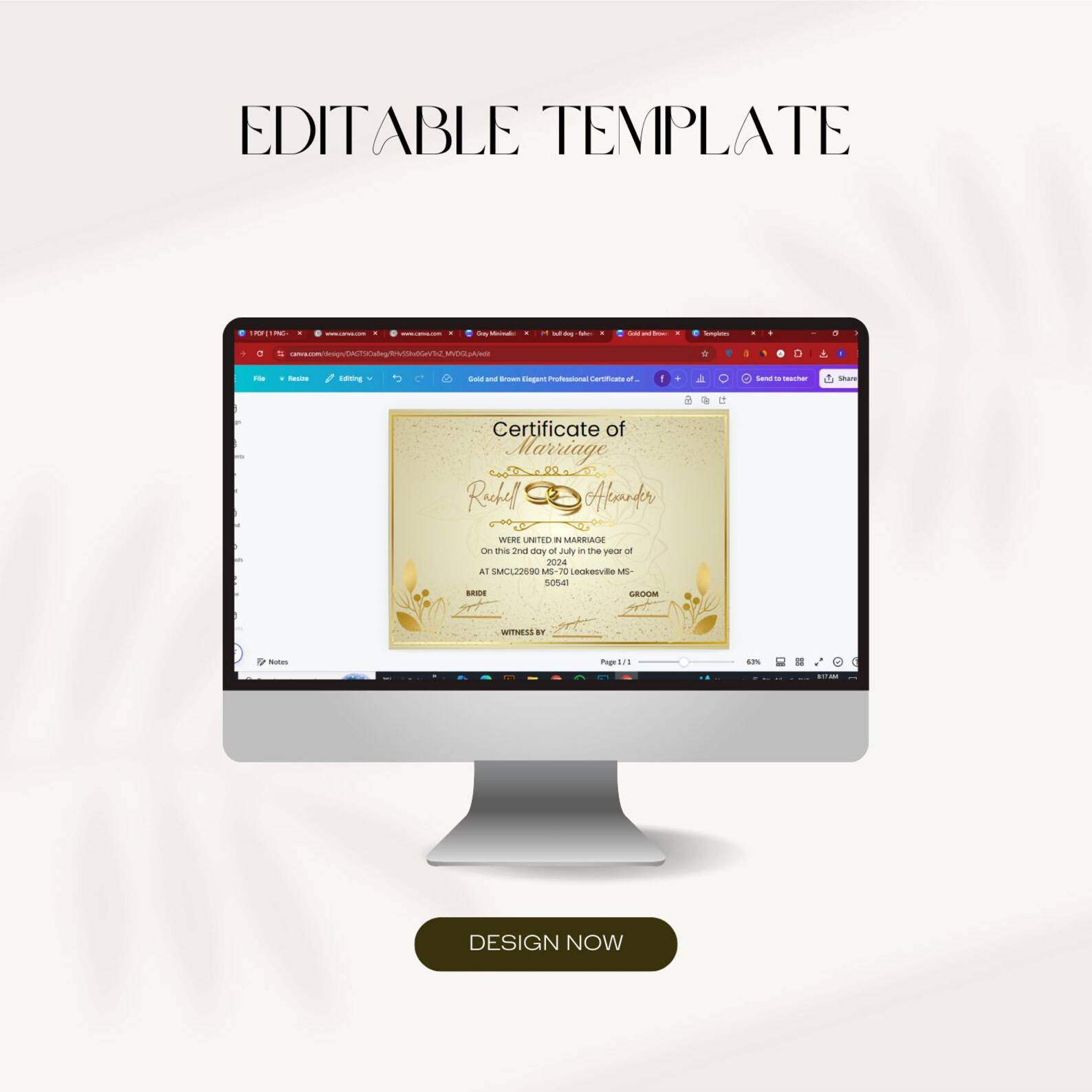 Editable Wedding Certificate Template, Greenery Wedding Certificate ...