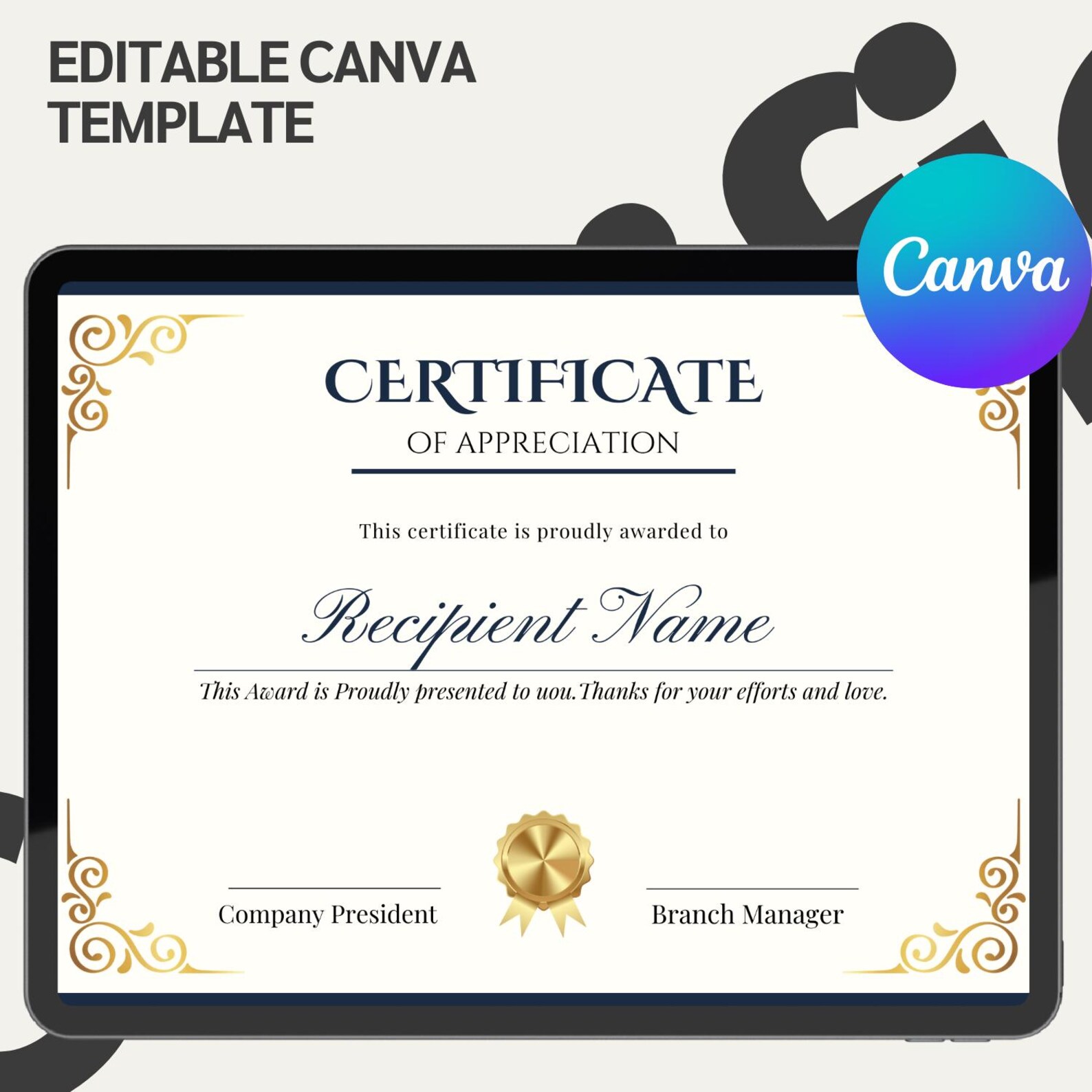 Editable Certificate of Appreciation Template, Customizable Award ...