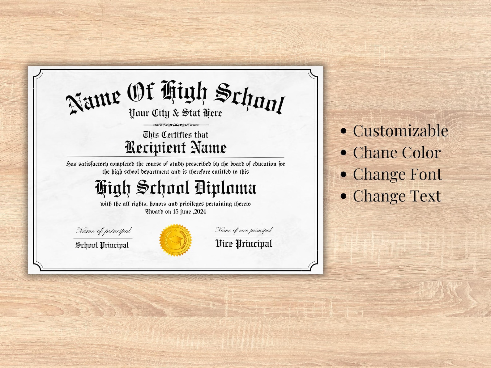 Printable High School Diploma Template, Graduation Diploma, School ...