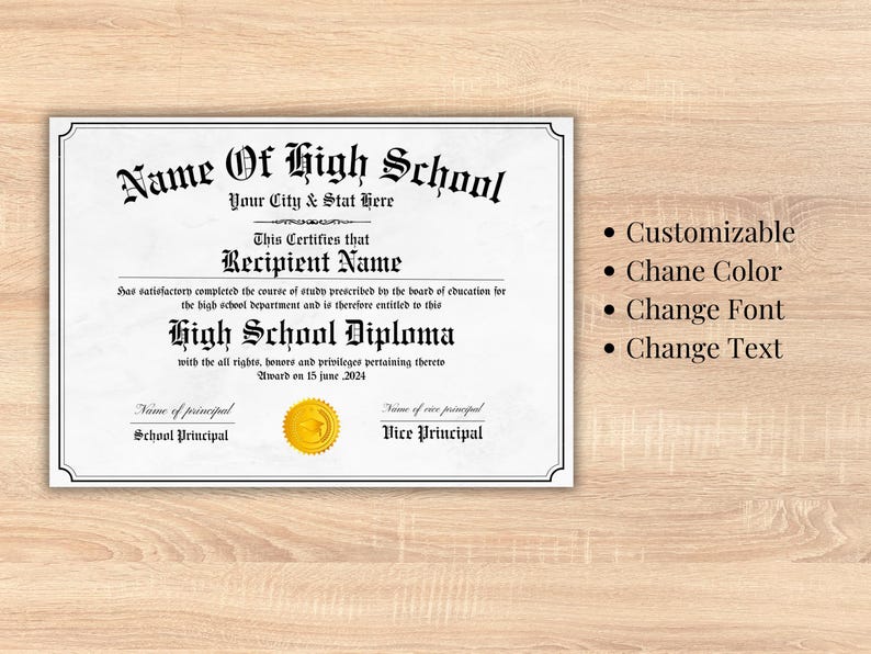 Printable High School Diploma Template, Graduation Diploma, School ...