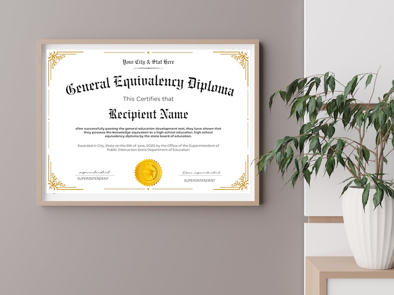 Printable GED Diploma Template, High School Diploma, School Equivalency ...