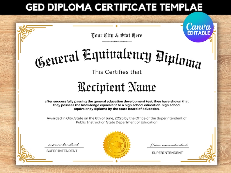 Printable GED Diploma Template, High School Diploma, School Equivalency ...