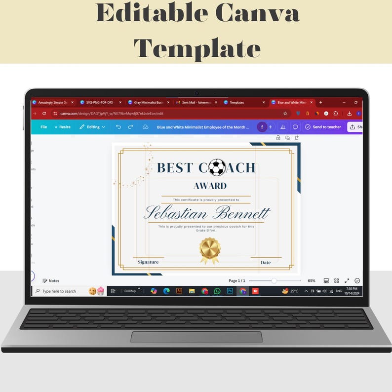 Editable Best Coach Certificate, Soccer Coach Certificate, Soccer Coach ...