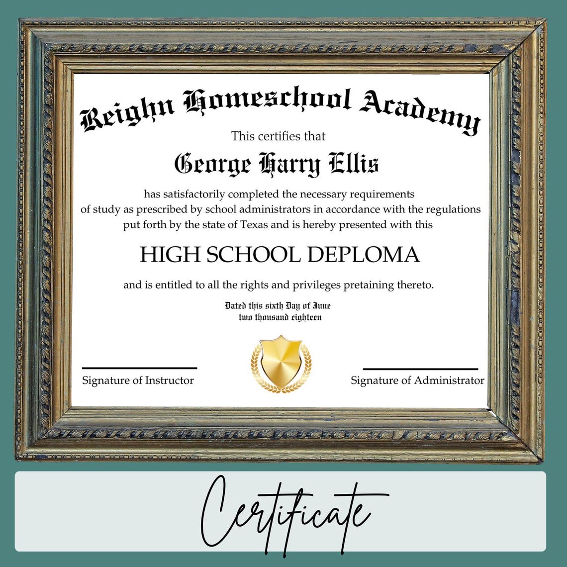 Homeschool Diploma With Gold Seal, Printable Home School High School ...