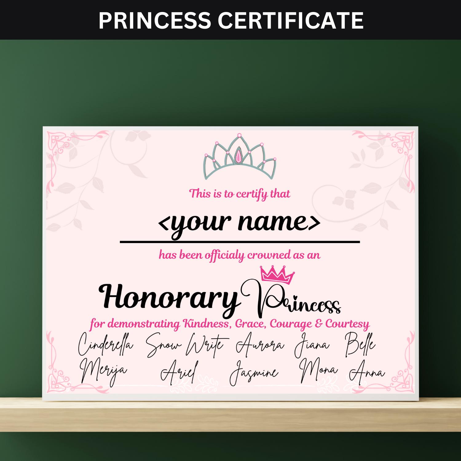 Princess Certificate Template, Party Favors, Customizable Certificate ...