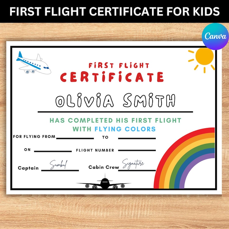 First Flight Certificate for Kids, Certificate Template, Surprise Gift ...