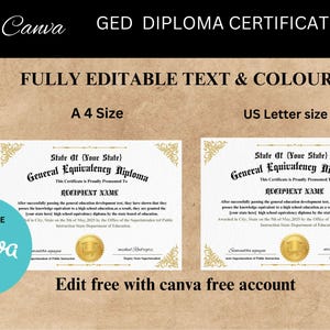 GED Diploma Certificate With Gold Seal, Canva Template, Graduation ...