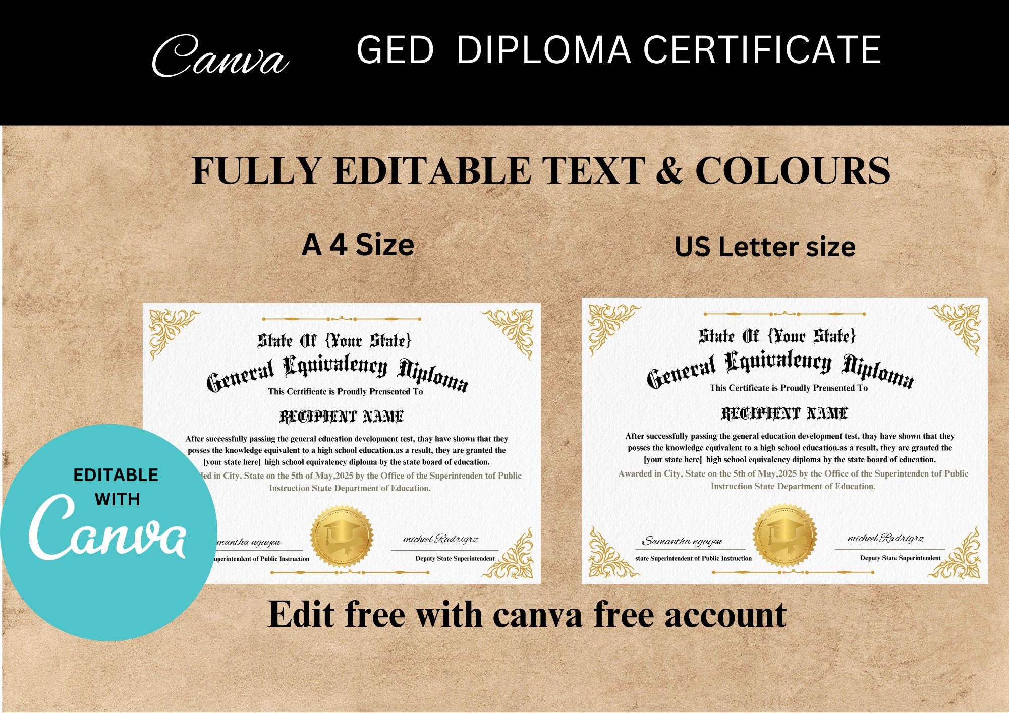 GED Diploma Certificate With Gold Seal, Canva Template, Graduation ...