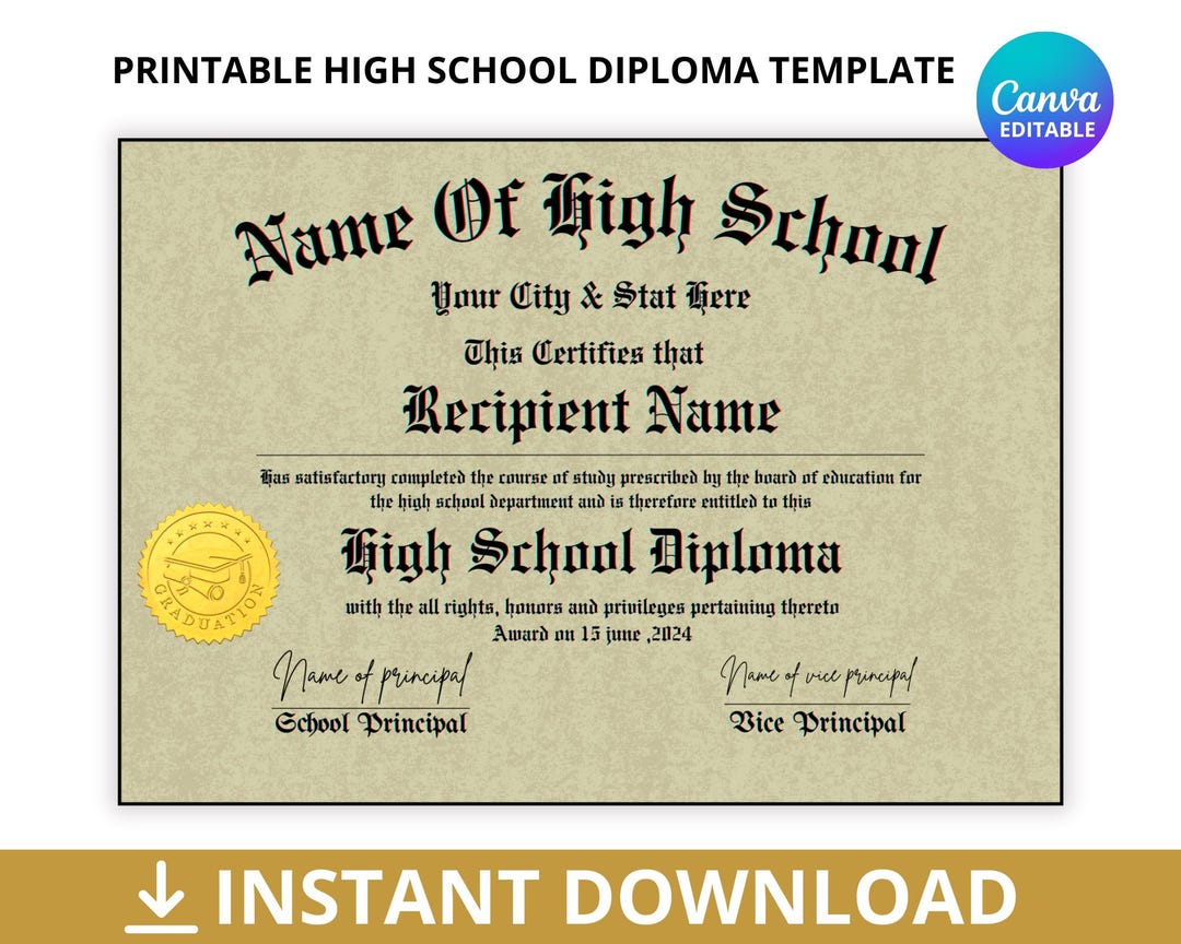 Printable High School Diploma Template, Homeschool Diploma Template ...