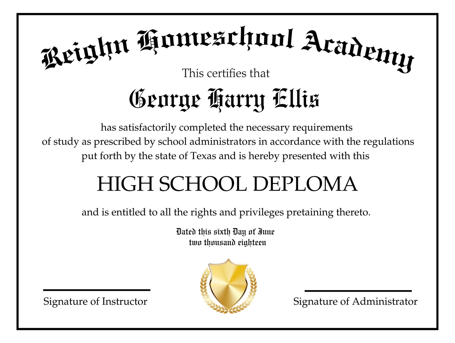 Homeschool Diploma With Gold Seal, Printable Home School High School ...