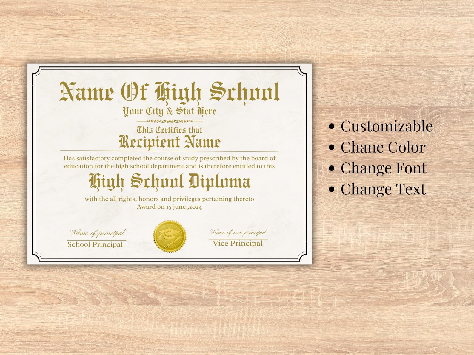 Printable High School Diploma Template, High School Diploma, School ...