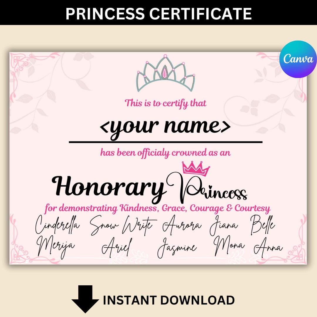 Princess Certificate Template, Party Favors, Customizable Certificate ...