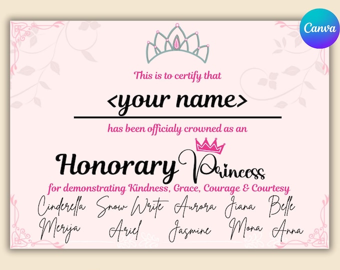 Personalized Princess Certificate, Party Favor (digital Download ...
