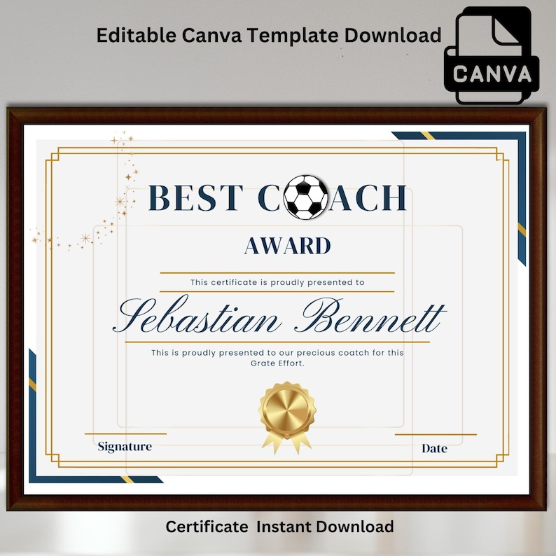 Editable Best Coach Certificate, Soccer Coach Certificate, Soccer Coach ...