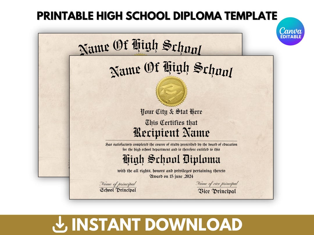 Printable High School Diploma Template, Homeschool Diploma Template ...
