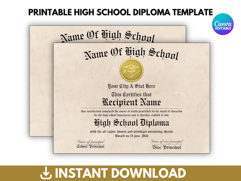 Printable High School Diploma Template, Homeschool Diploma Template ...