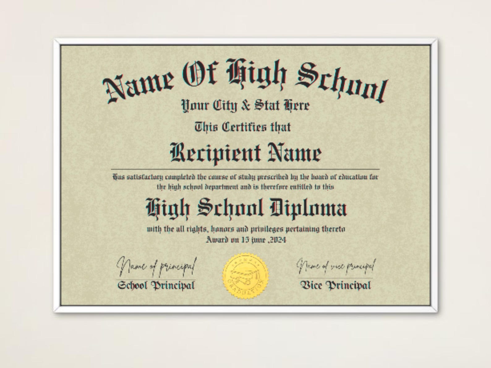 Editable High School Diploma Template, Diploma Replica Template ...