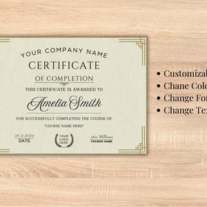 Editable Certificate of Completion, Printable Course Certificate of ...