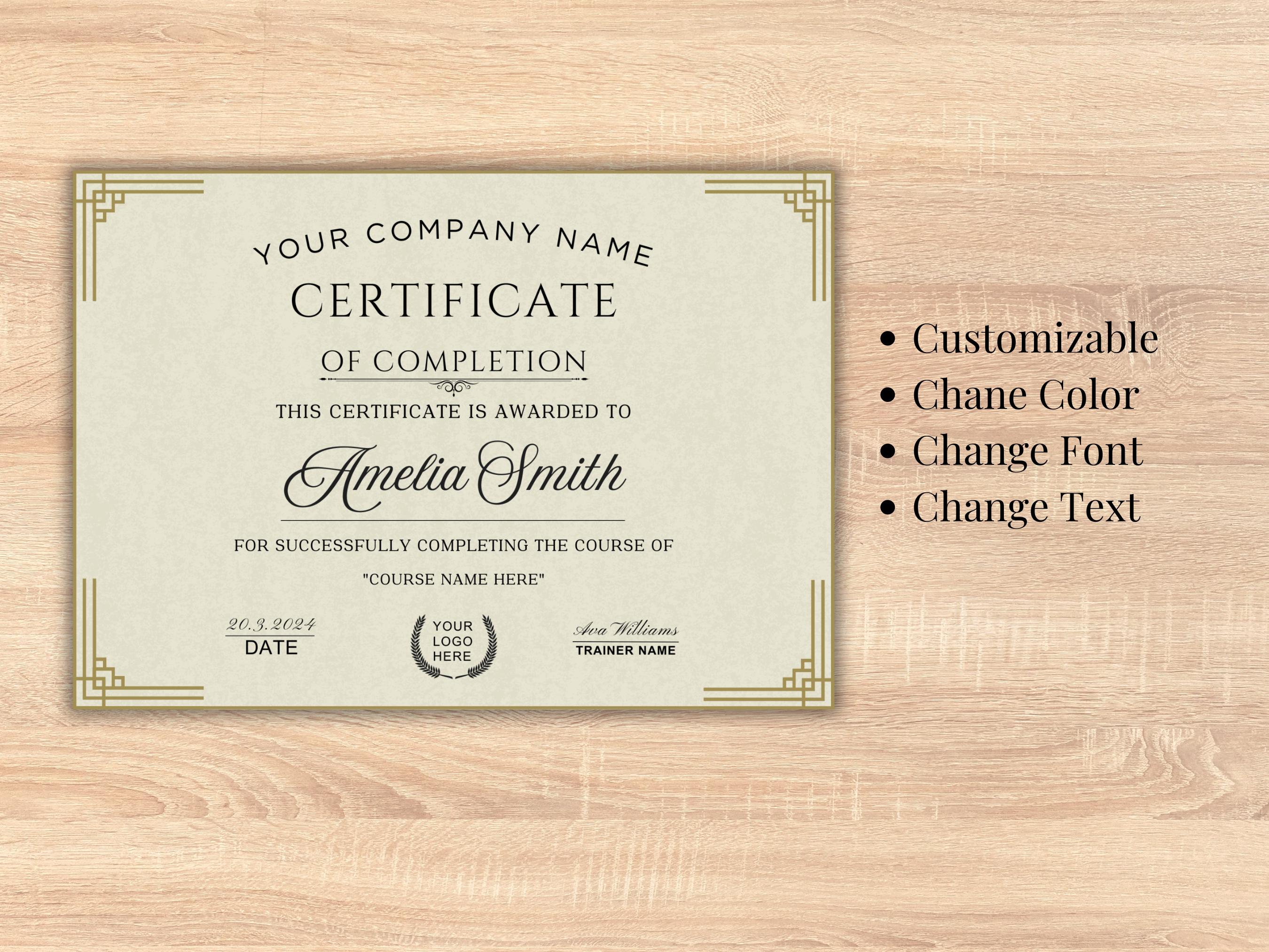 Editable Certificate of Completion, Printable Course Certificate of ...