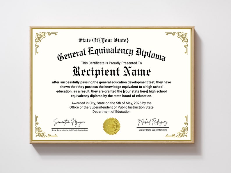 Printable GED Diploma Template, High School Diploma, School Equivalency ...
